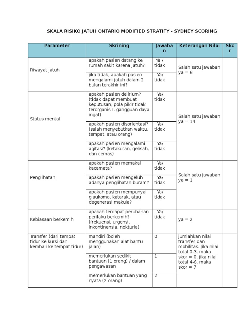 Skala Risiko Jatuh Ontario Modified Stratify | PDF