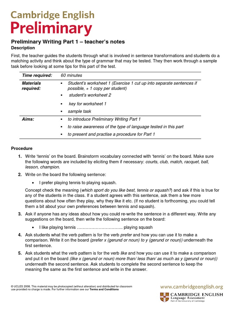 Cambridge English Preliminary Pet Writing Part 1 | PDF | Sentence ...
