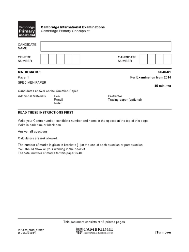 Cambridge Maths Primary Test | PDF | Teaching Mathematics | Science