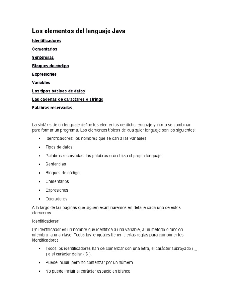 Los Elementos Del Lenguaje Java | PDF | Lenguaje de programación | Java ...