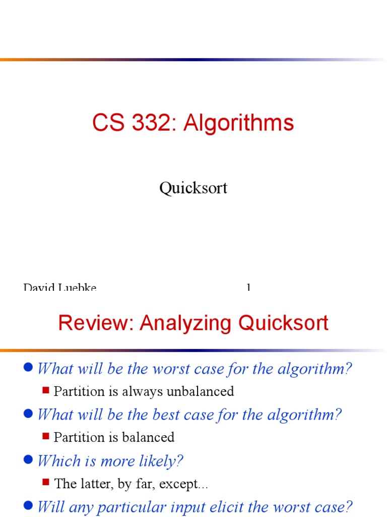 CS 332: Algorithms: Quicksort | PDF | Computer Science | Theoretical Computer Science