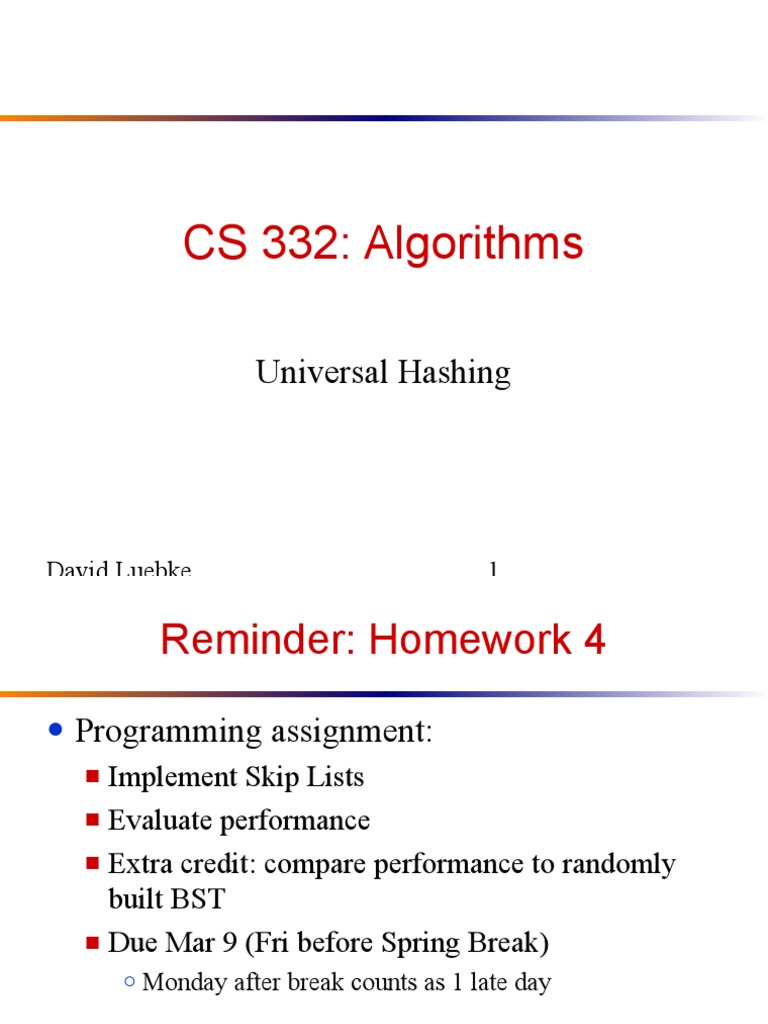 CS 332: Algorithms: Universal Hashing | PDF | Computer Data | Theoretical Computer Science