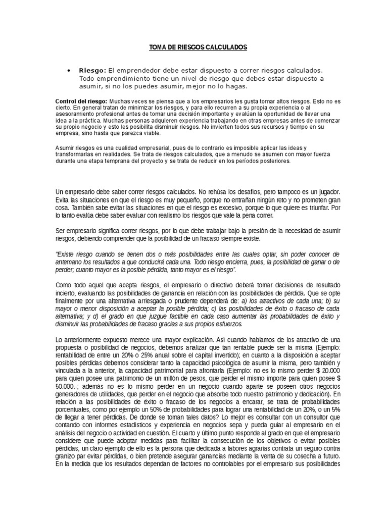 Toma de Riesgos Calculados | PDF | Riesgo | Iniciativa empresarial