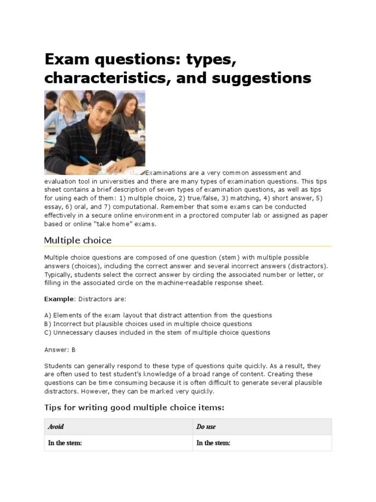 Exam Questions: Types, Characteristics, and Suggestions: Multiple ...