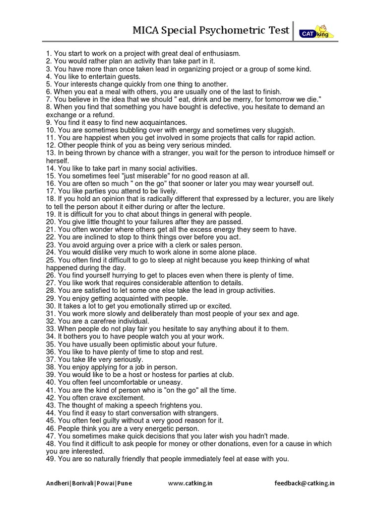 MICA Psychometric Test Overview | PDF