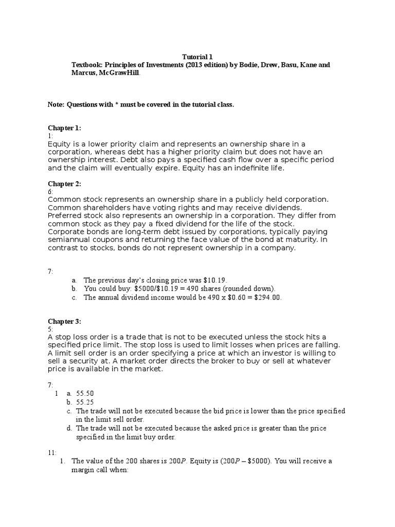 Tutorial 1 Textbook: Principles of Investments (2013 Edition) by Bodie ...