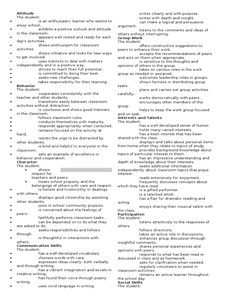 Teacher's Comment On The Report Card | PDF | Homework | Classroom