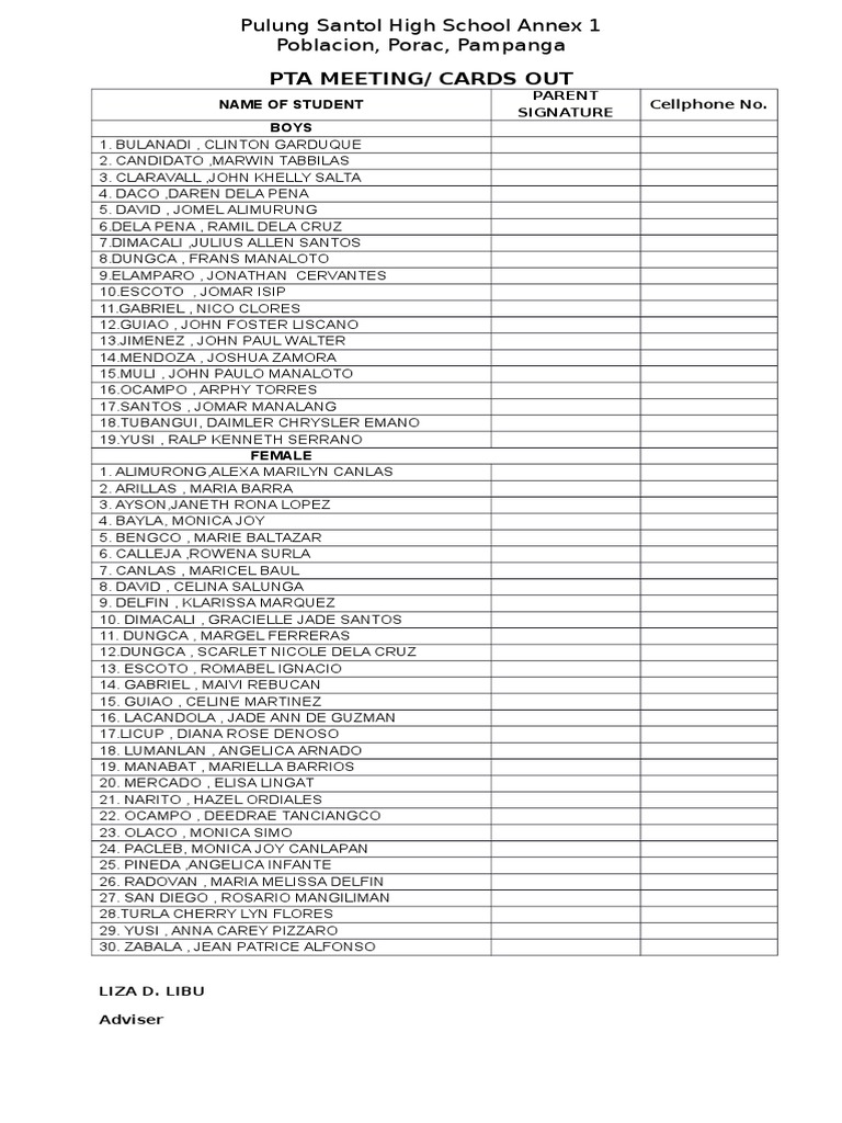 Pta Meeting/ Cards Out: Name of Student Parent Signature Cellphone No ...