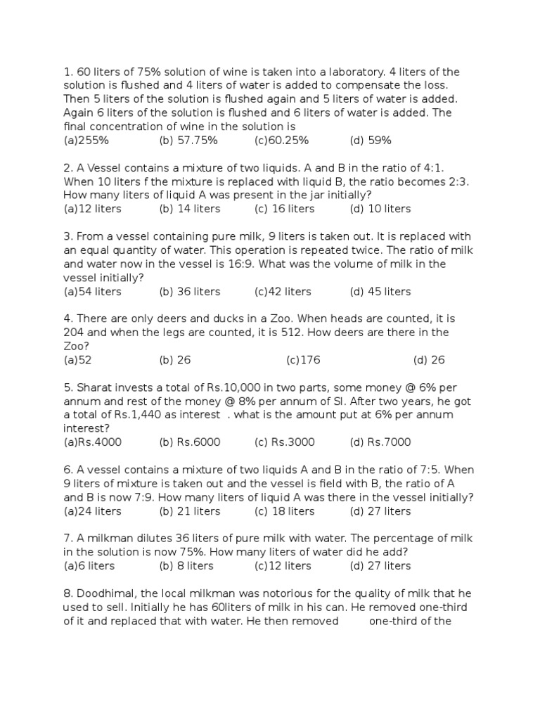 Alligation And Mixture Aptitude Pdf Concentration Solution
