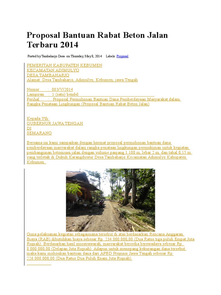 Proposal Bantuan Rabat Beton Jalan Terbaru 2014 | PDF
