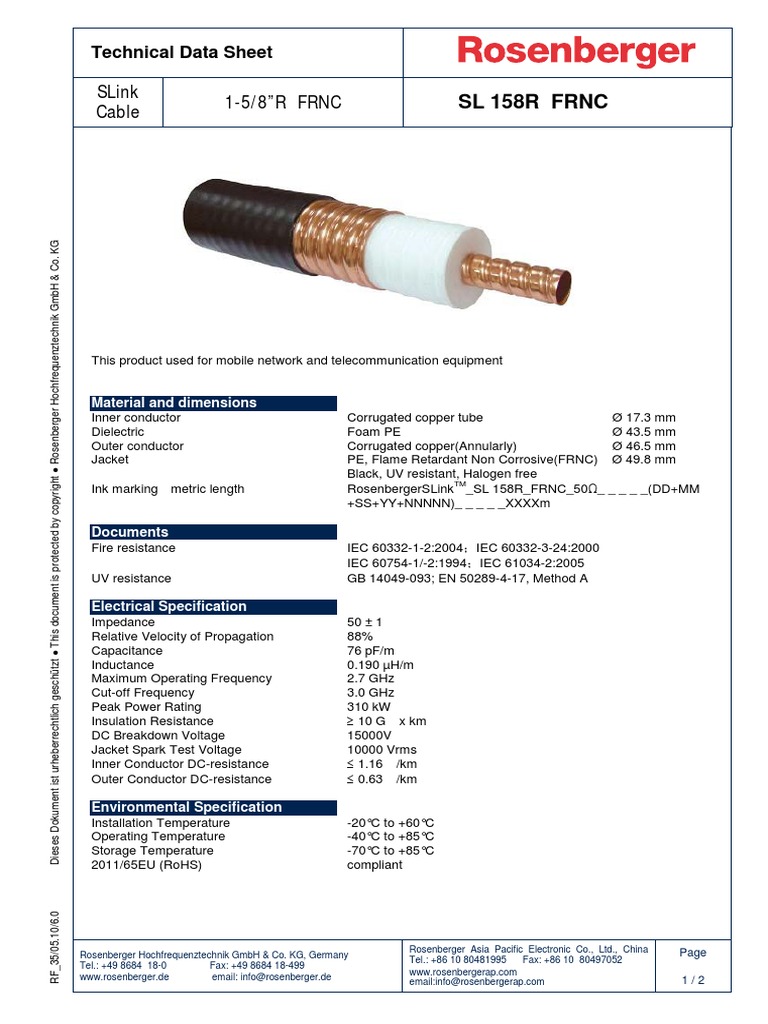 Slink Cable 1-5/8"R FRNC: Technical Data Sheet | PDF | Electrical ...