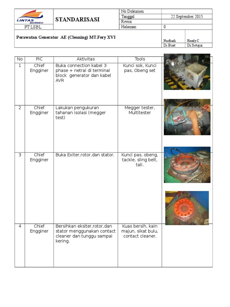 Standarisasi: Perawatan Generator AE (Cleaning) MT - Fery XVI | PDF