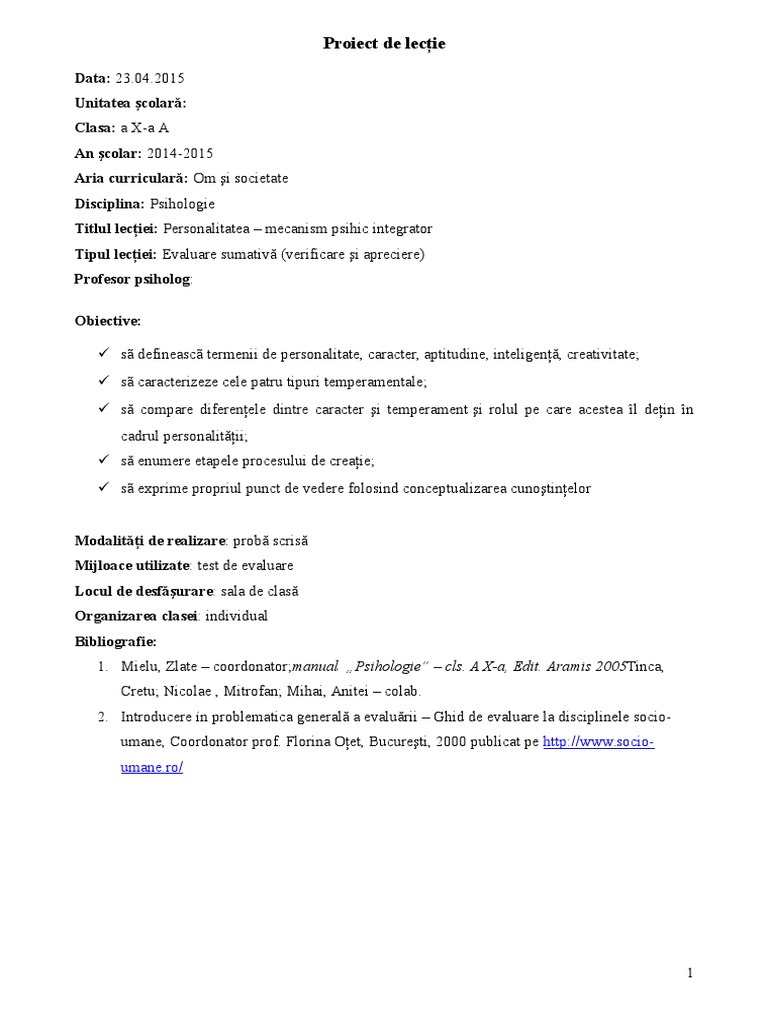 Proiect de Lectie de Evaluare Psihologie | PDF