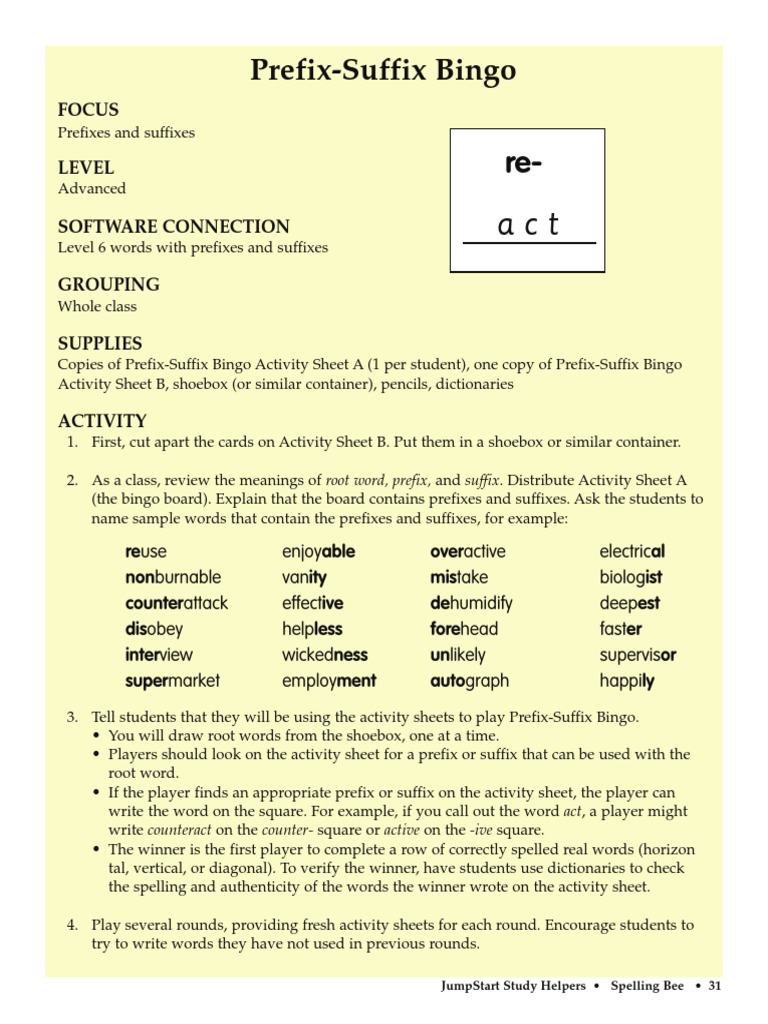 Prefix Suffix Bingo | PDF