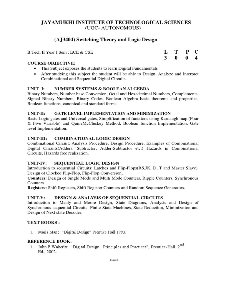 (AJ3404) Switching Theory and Logic Design | PDF
