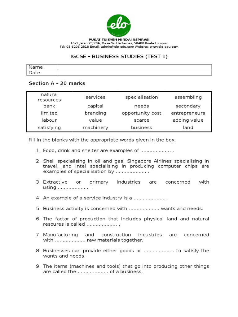 IGCSE Business Studies Test 1 | PDF | Profit (Accounting) | Tertiary ...