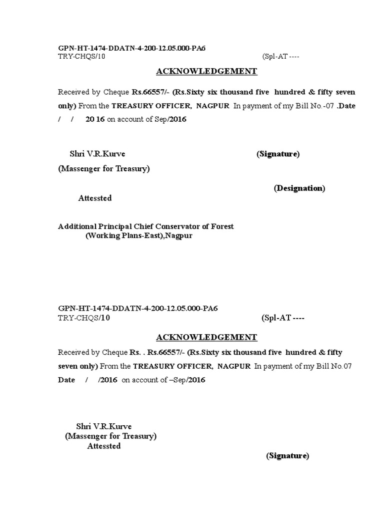 Acknowledgement: Shri V.R.Kurve (Massenger For Treasury) (Attessted ...