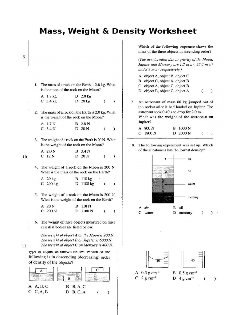 Mass, Weight & Density Worksheet | PDF