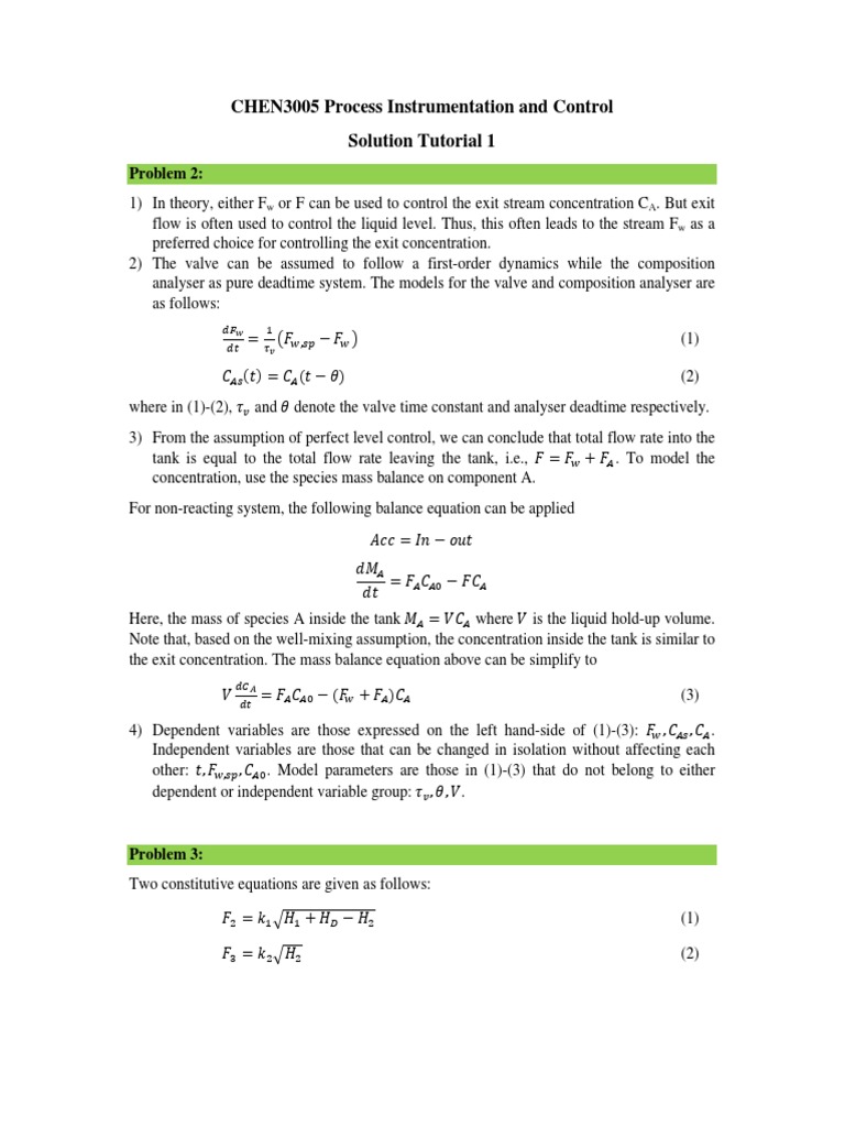 Solution Tutorial 1 | PDF | Equations | Chemical Reactor