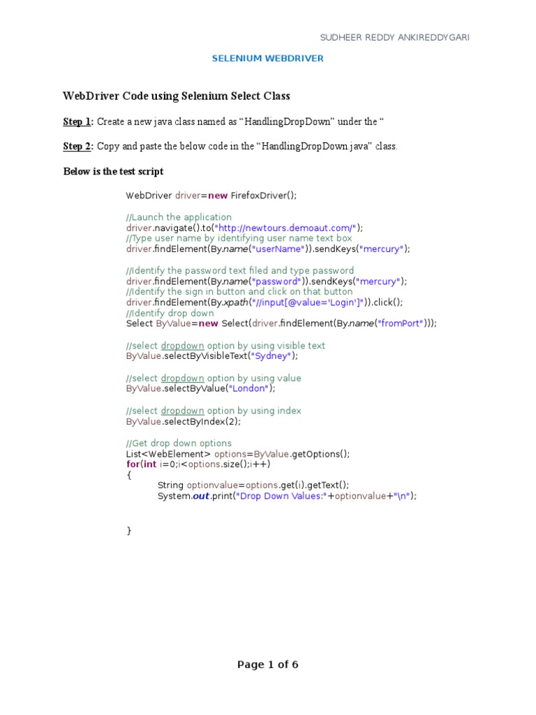 Webdriver Code Using Selenium Select Class | PDF | Web Page | Java ...