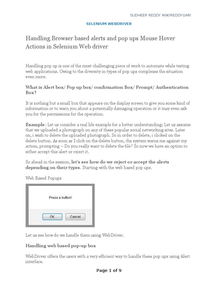 Handling Browser Based Alerts and Pop Ups Mouse Hover Actions in Selenium Web Driver | PDF ...