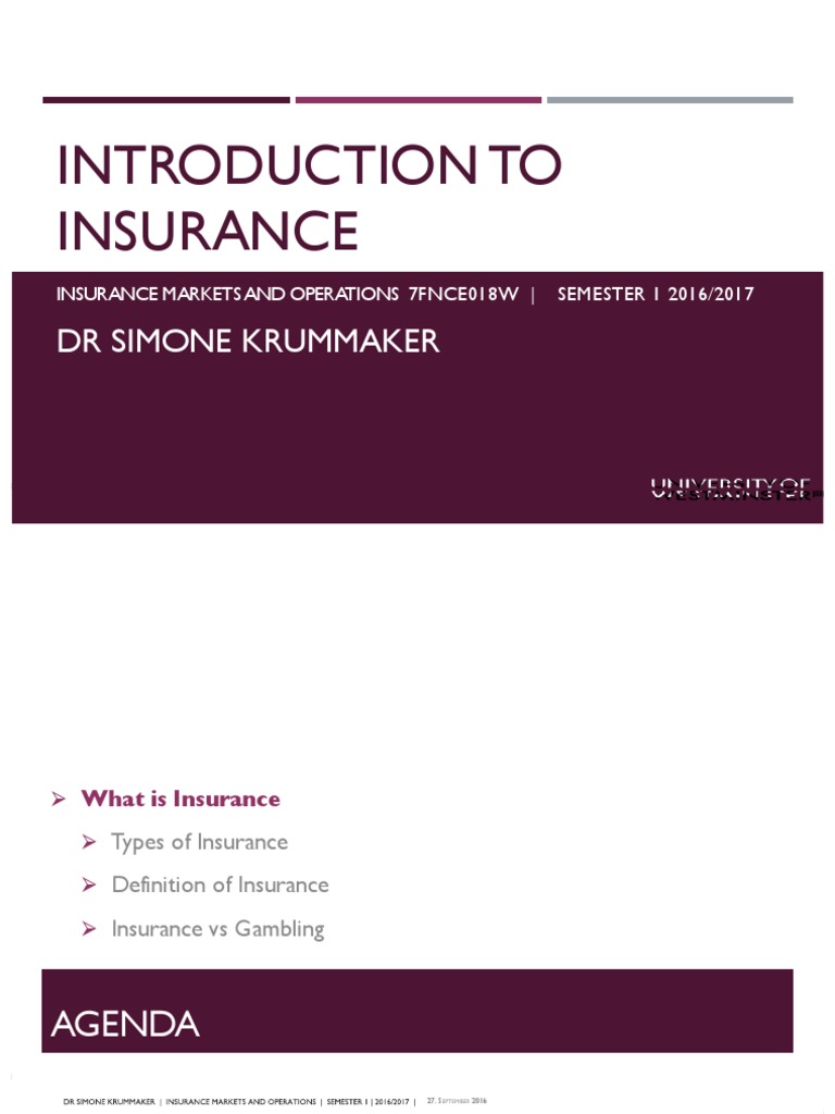 Introduction To Insurance: DR Simone Krummaker | PDF | Reinsurance ...
