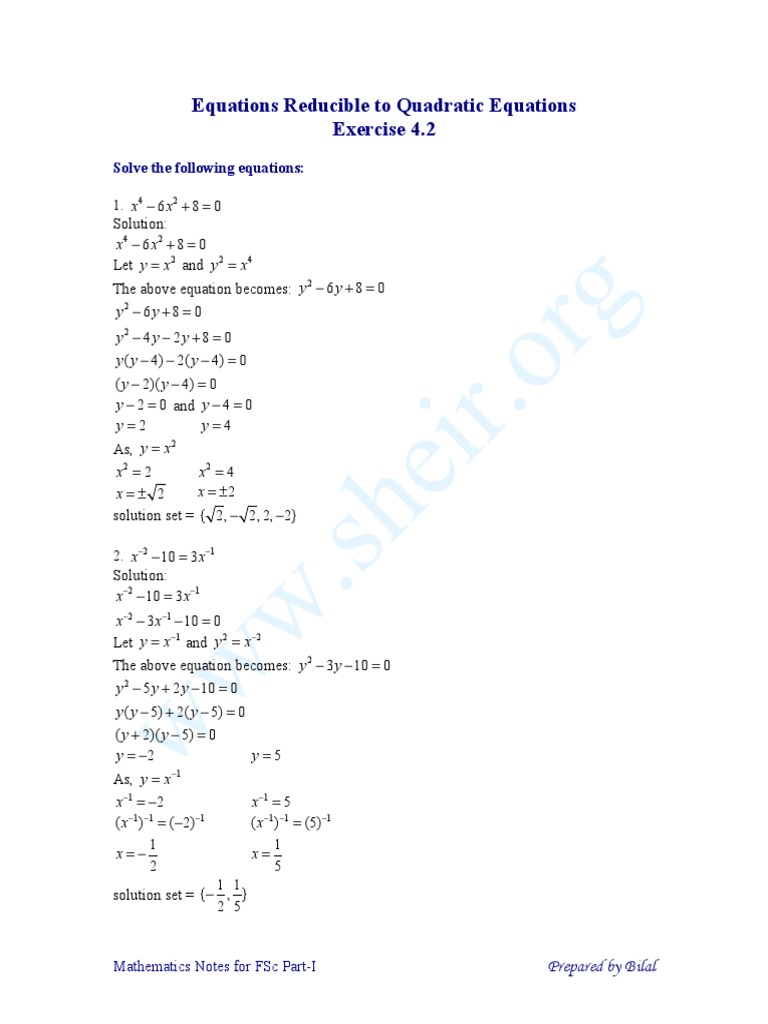 4.2_equations_reducible_to_quadratic_equations.pdf | Quadratic Equation ...