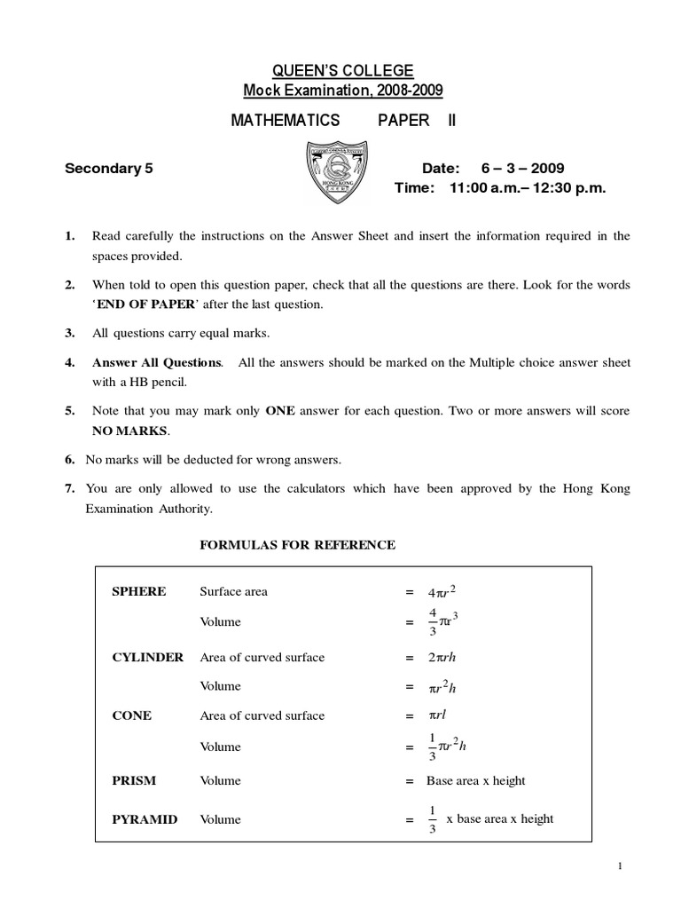 S5 08-09 Math Paper 2 Question and Answer PDF | PDF | Volume | Circle