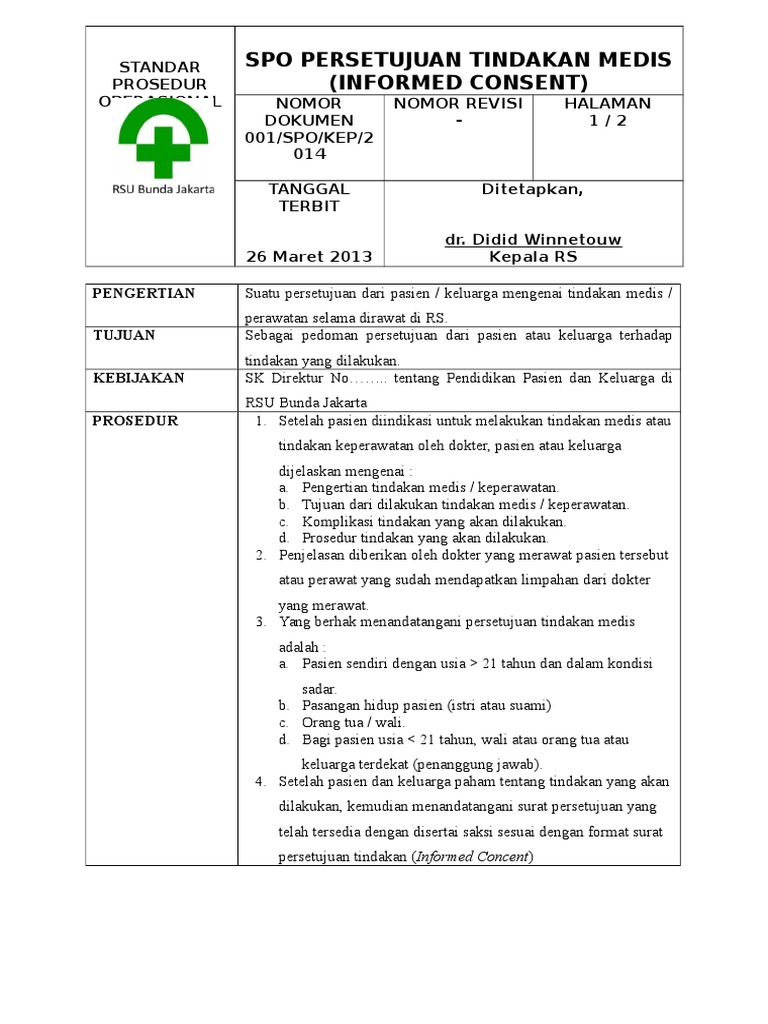 Spo Persetujuan Tindakan Medis (Informed Consent) Pokja HPK | PDF