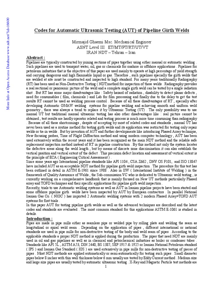 Codes For Automatic Ultrasonic Testing (AUT) of Pipeline Girth Welds ...