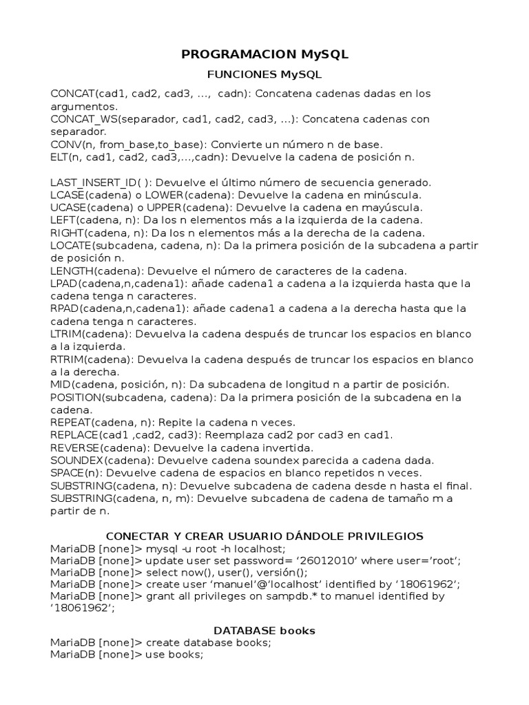 Programación MySQL | PDF | SQL | Mi sql