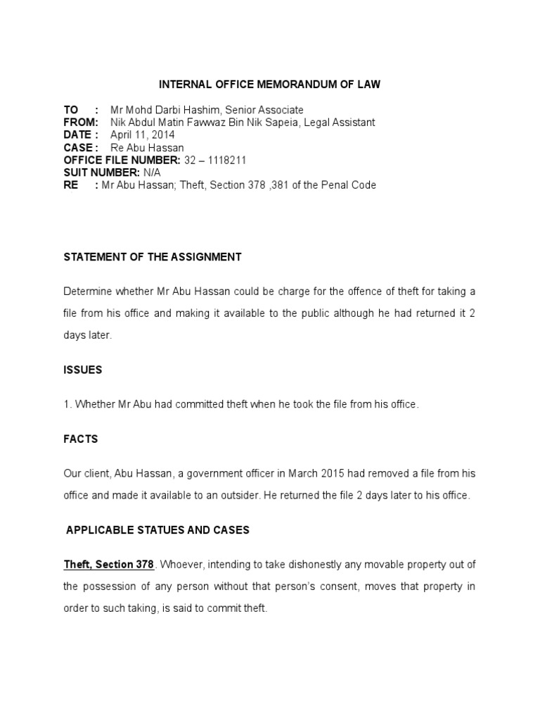 Sample Interoffice Memorandum | PDF | Theft | Property