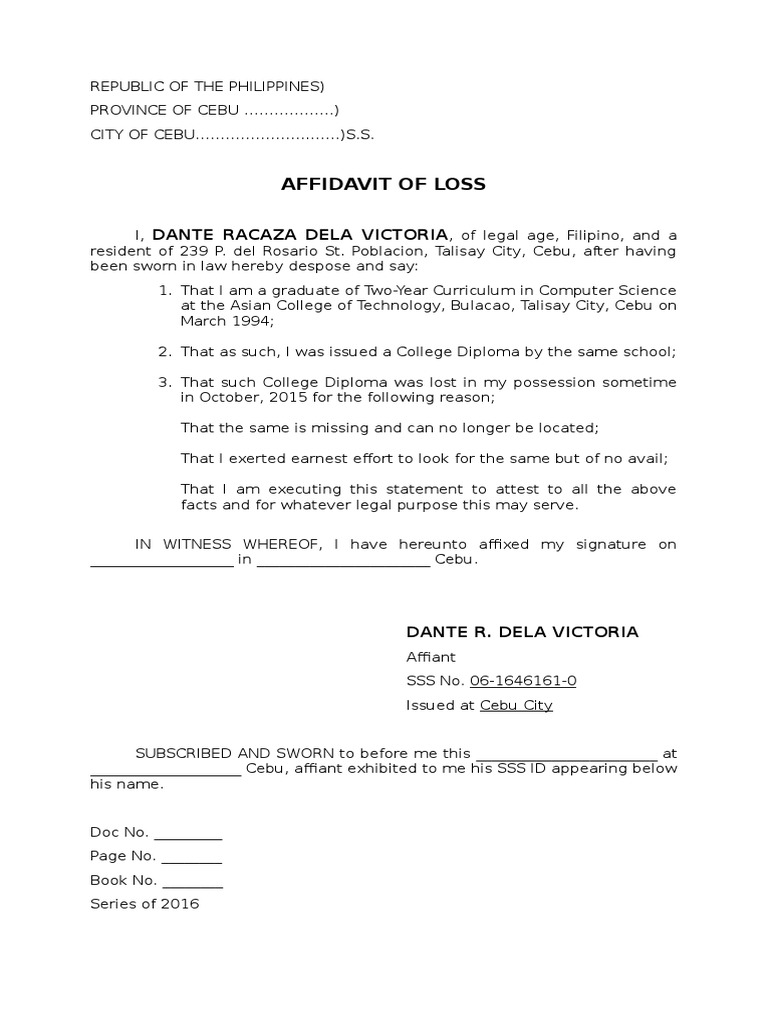 Affidavit of Loss for College Diploma | PDF | Politics | Social Science