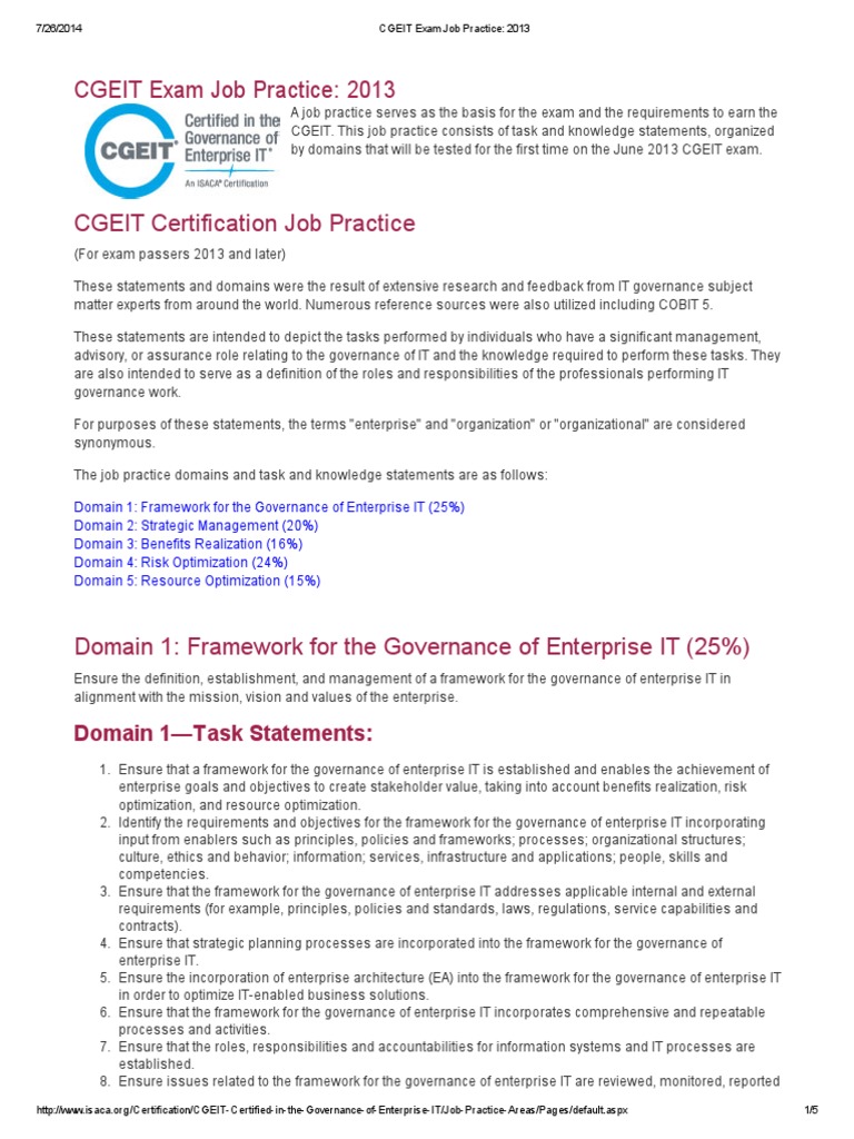 CGEIT Exam Job Practice - 2013 | PDF | Risk Management | Enterprise ...
