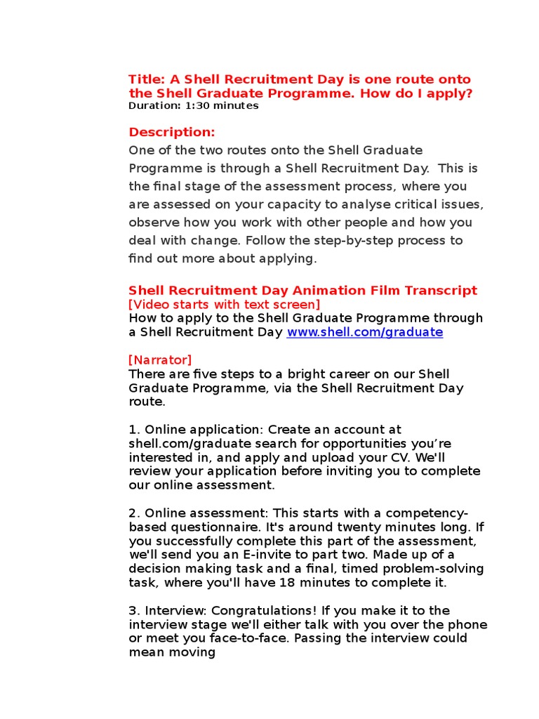 Shell Graduate Programme Recruitment Day Application Process Transcript ...