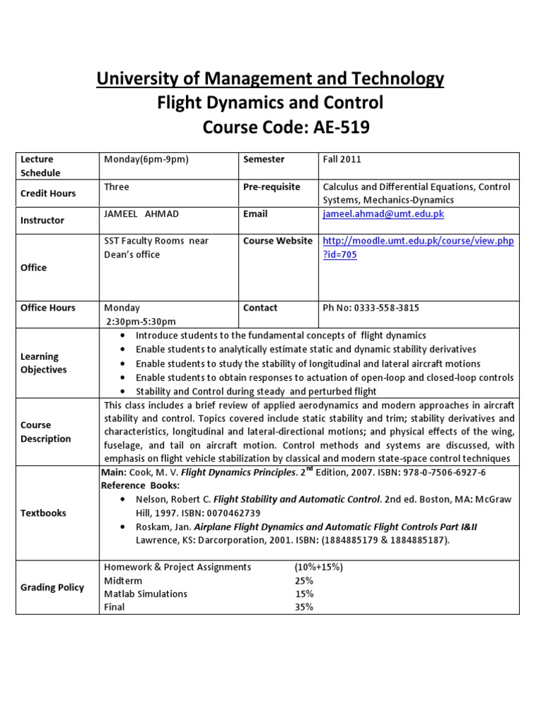 AE519 Flight Dynamics and Control Course Outline | PDF | Control Theory ...