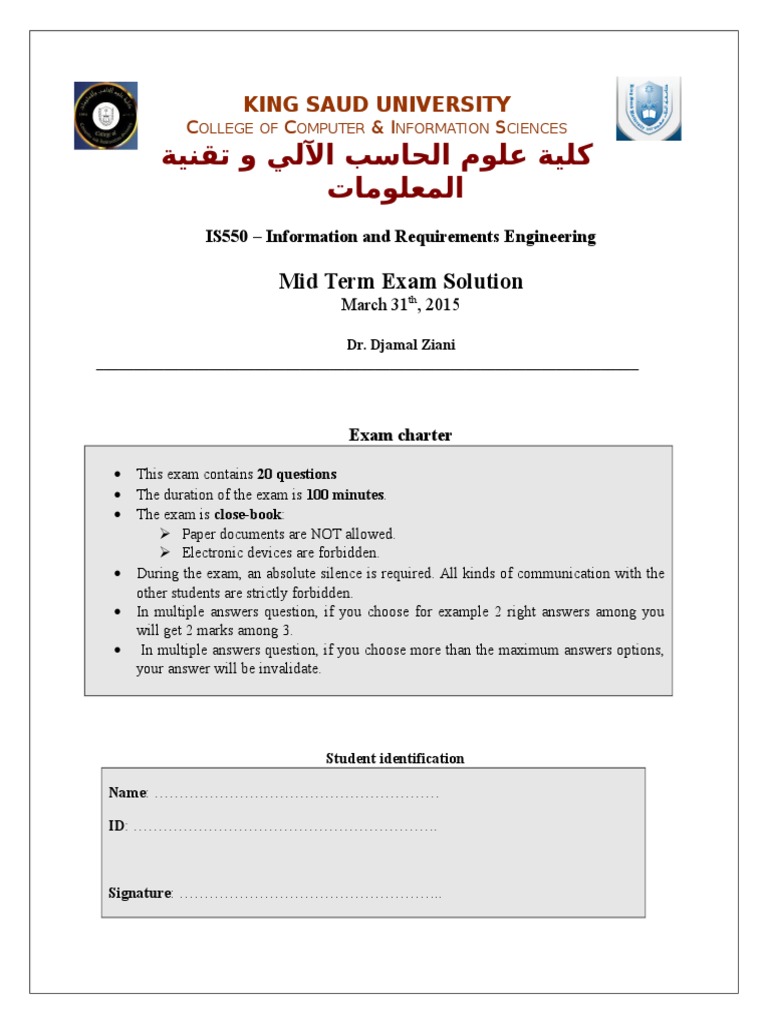 IS550 MidTerm Spring 2015 Solution | PDF | Verification And Validation ...