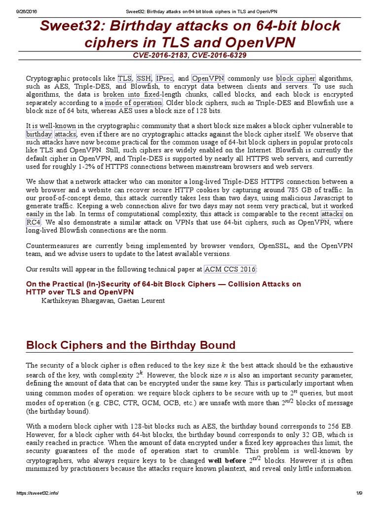 3DES - CBC - Sweet32 - Birthday Attacks On 64-Bit Block Ciphers in TLS and OpenVPN PDF | PDF ...