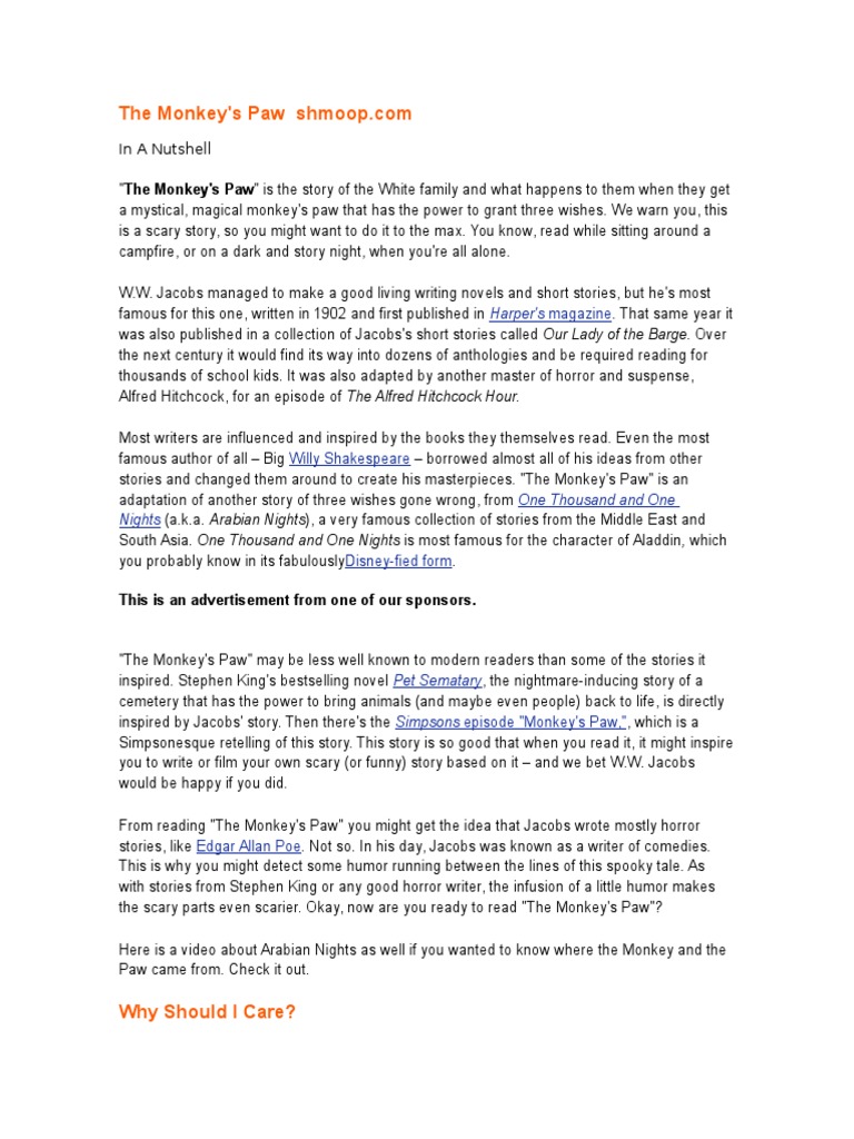 The Monkey S Paw Analysis | PDF | One Thousand And One Nights | Narration