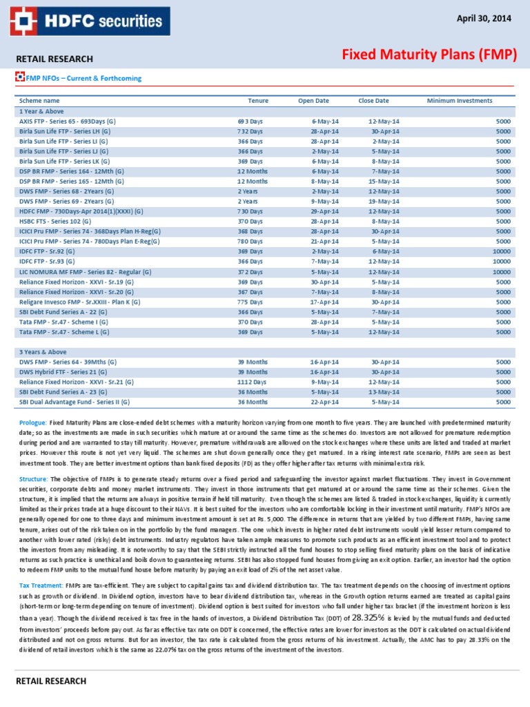 Fixed Maturity Plans (FMP) : Retail Research | PDF | Dividend | Investor