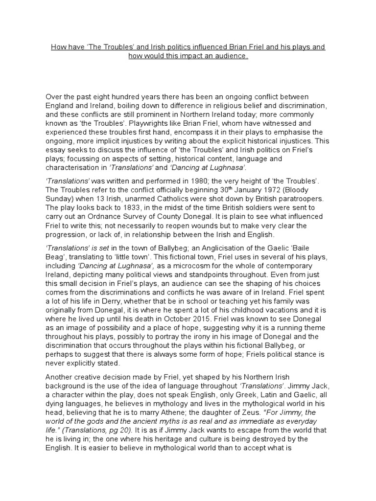 How Have The Troubles' and Irish Politics Influenced Brian Friel and ...
