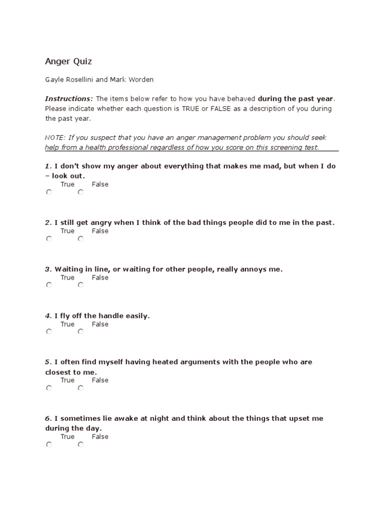 Anger Quiz: Gayle Rosellini and Mark Worden | PDF | Anger