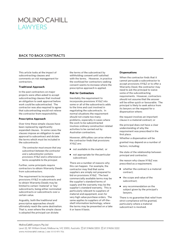 Back To Back Contracts | PDF | Subcontractor | Insurance