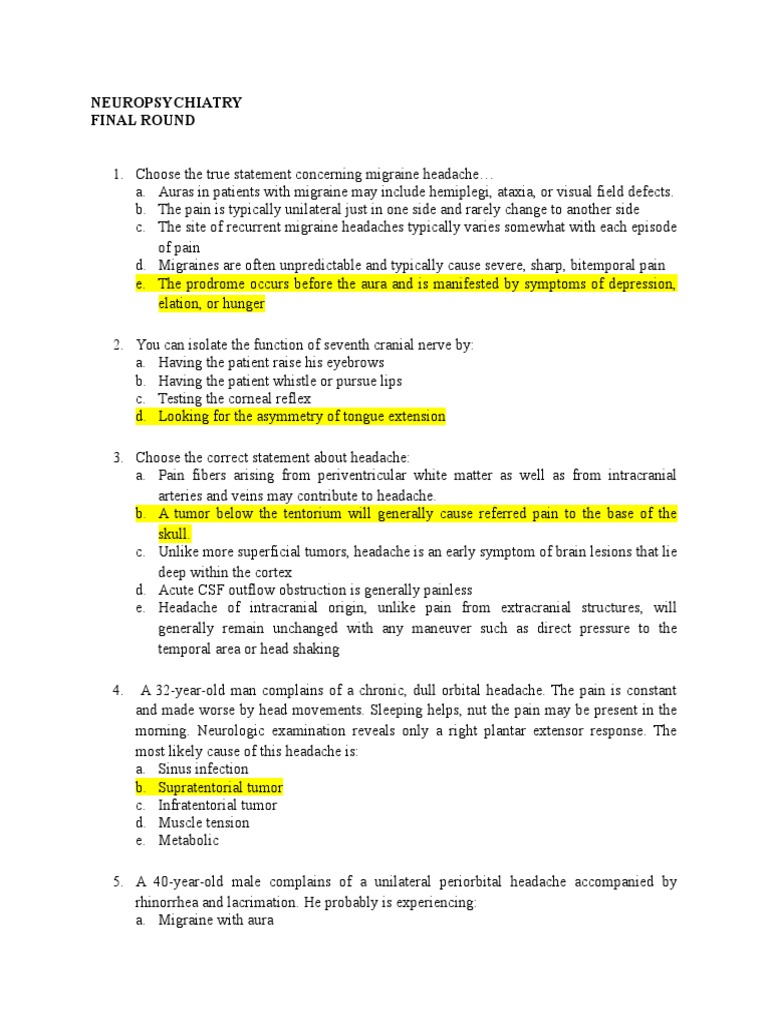 Neuropsychiatry Final MCQ | PDF | Headache | Migraine