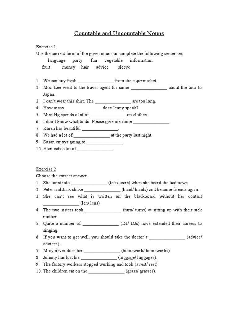 Countable and Uncountable Nouns Ex | PDF | Language Arts & Discipline ...