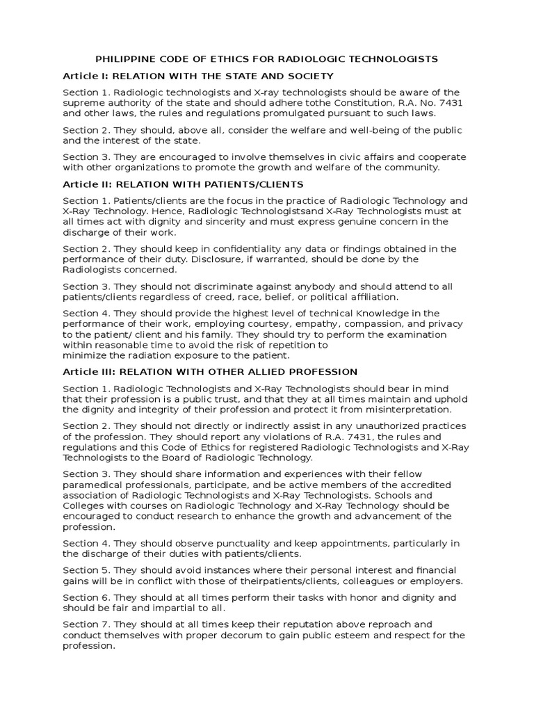 Philippine Code of Ethics For Radiologic Technologists | PDF ...