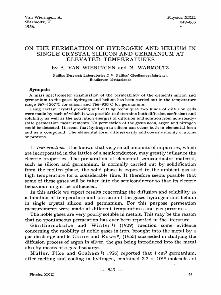 On The Permeation of Hydrogen and Helium in (1956) PDF | PDF | Pressure ...