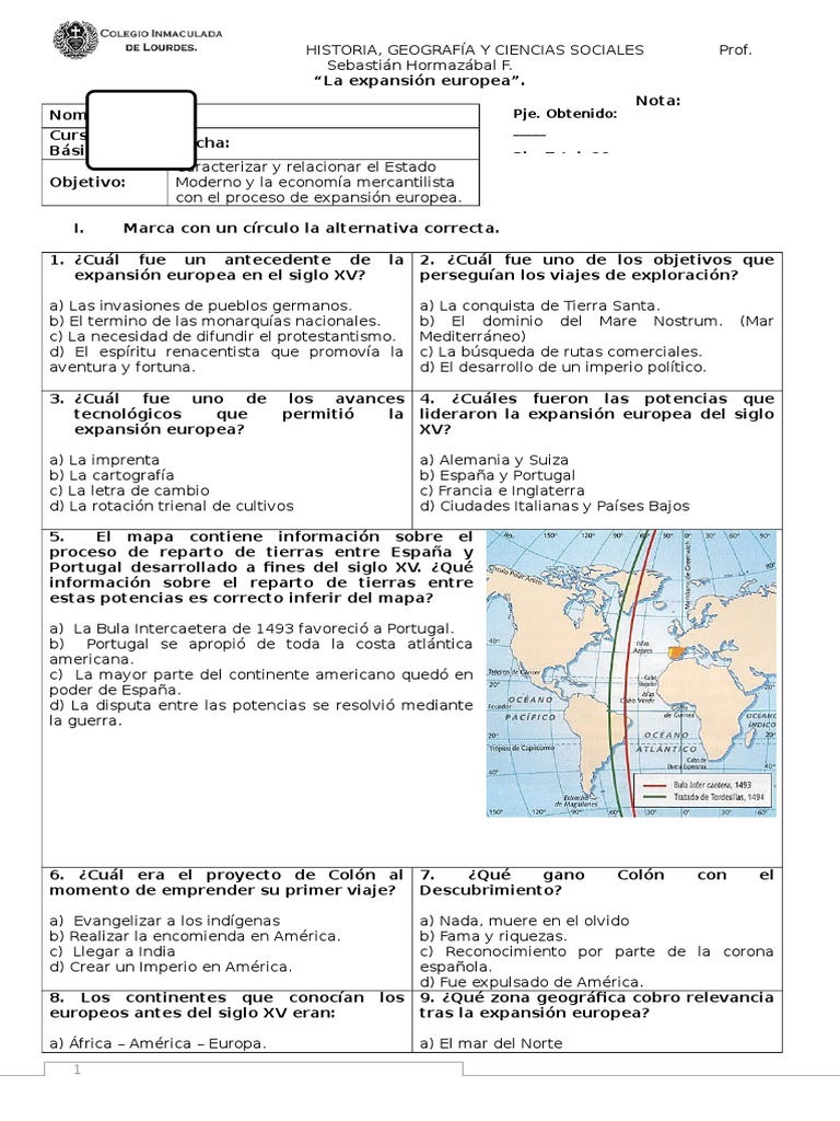 Prueba Expansión Europea 8° Básico | PDF | Colonización europea de las ...