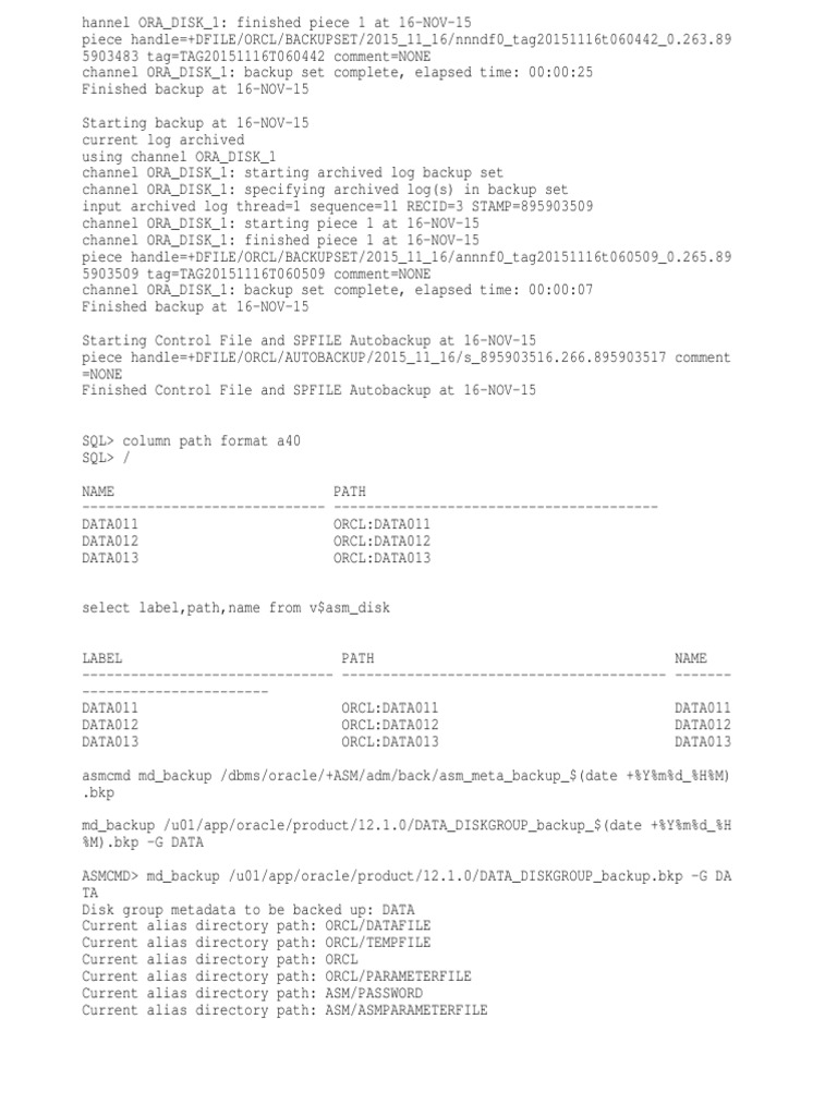 Asm MD Backup Restore Command | PDF | Oracle Database | Backup
