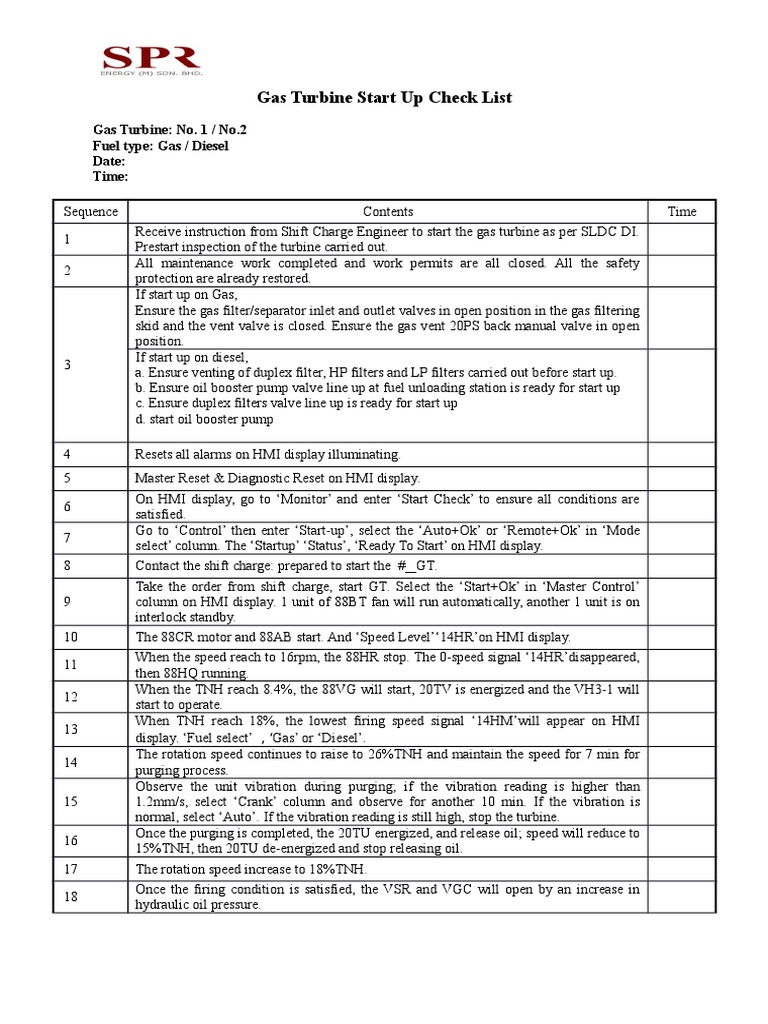 Gas Turbine Startup Procedure Checklist | PDF | Electric Generator | Valve
